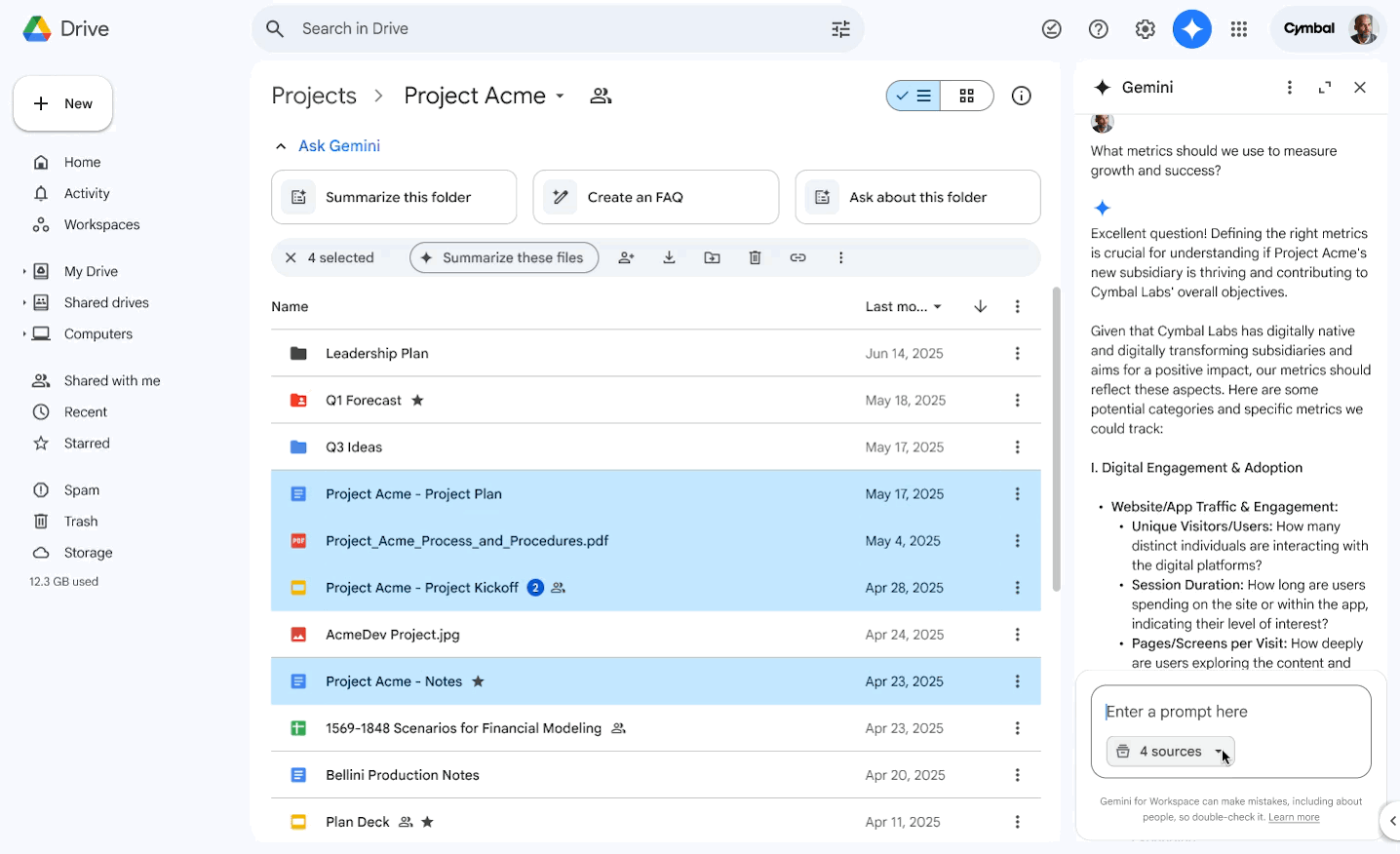 Start a conversation with Gemini in the side panel of Google Drive about specific files ...